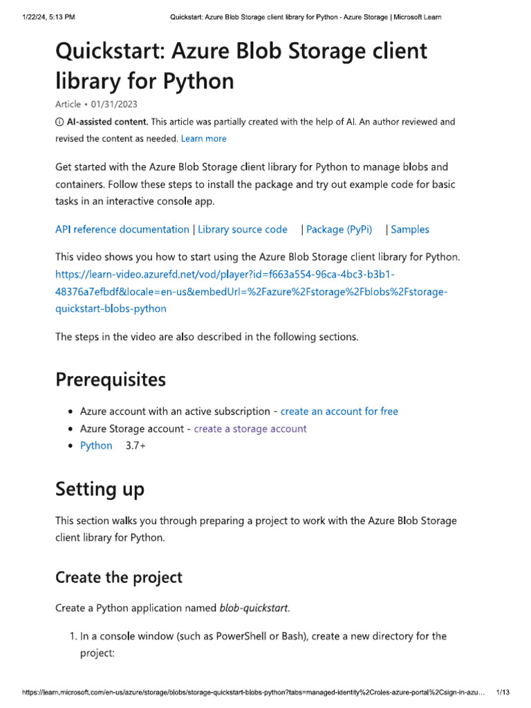 Azure Blob Storage Client Library For Python | PDF