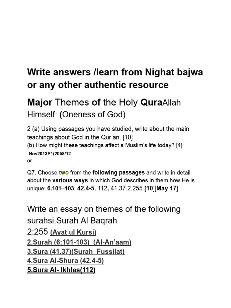 Major Themes of The Holy Quran | PDF | Surah | Prophets And Messengers In Islam