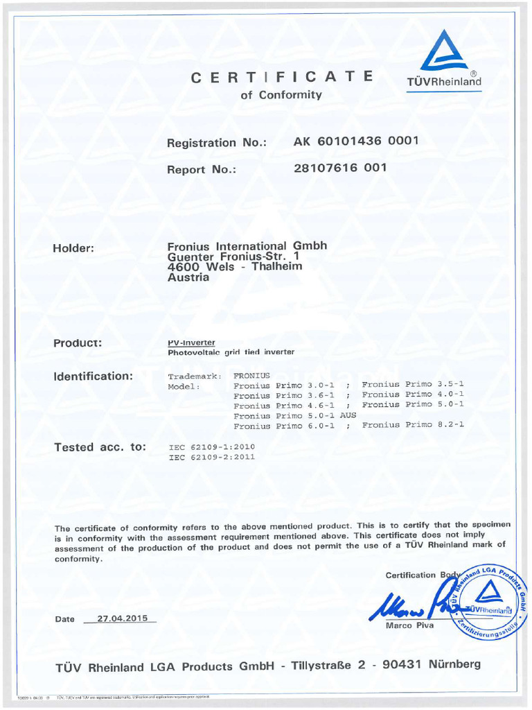 Certificari Fronius Primo Gen 24 Plus | PDF