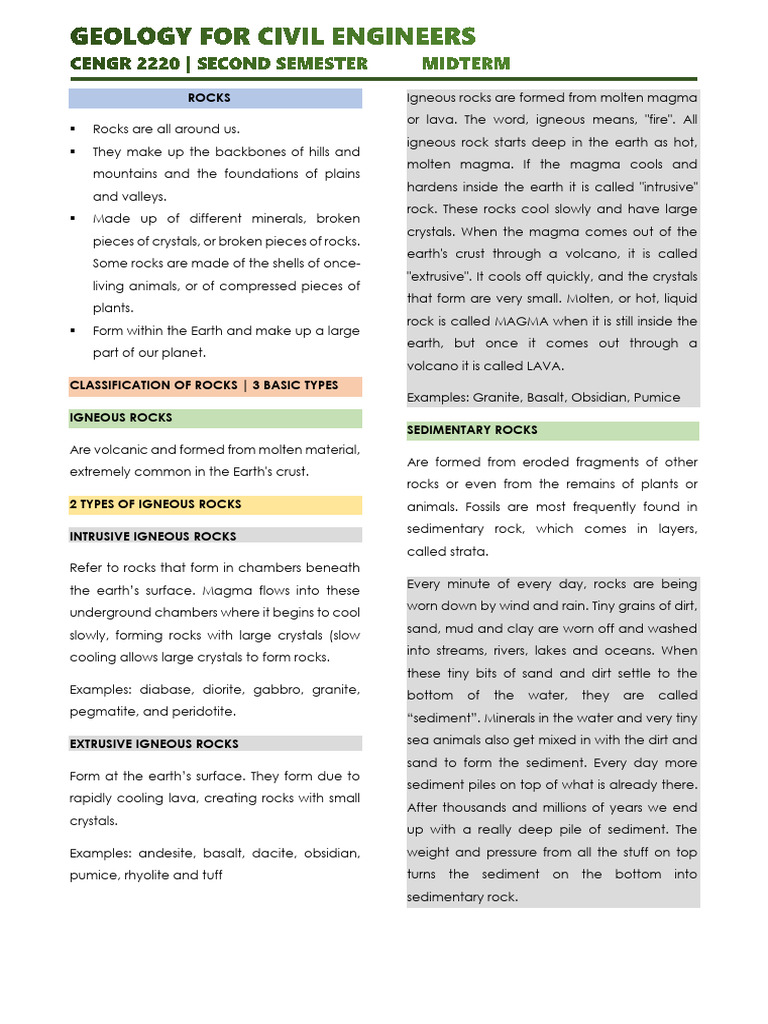 Geology For Civil Engineers (Midterm) | PDF | Rock (Geology) | Igneous Rock