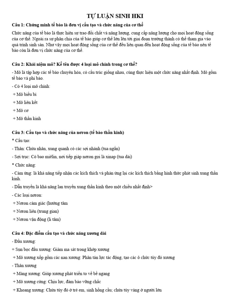 TỰ LUẬN SINH HKI | PDF