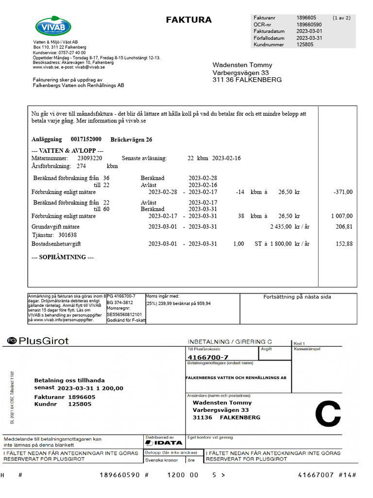 Faktura: Anläggning 0017152000 Bräckevägen 26 - Vatten & Avlopp | PDF