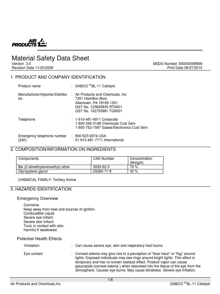 DABCO BL 11 Safety Datasheet | PDF | Dangerous Goods | Firefighting