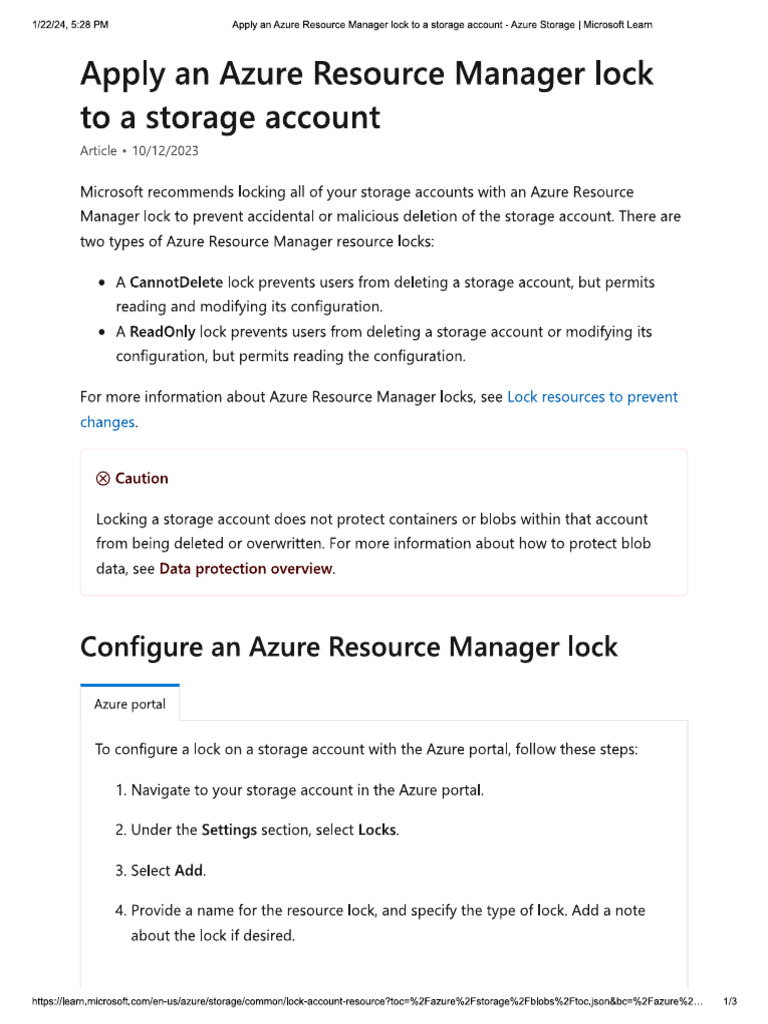 Apply An Azure Resource Manager Lock To A Storage Account Pdf