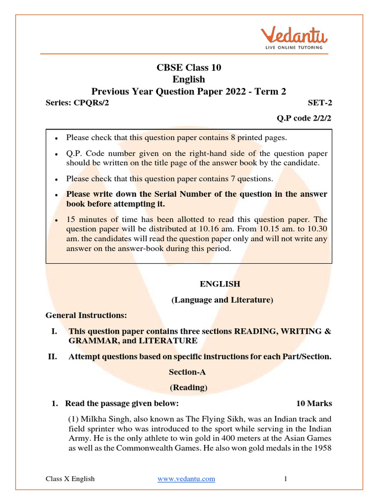 CBSE Class 10 English Literature Question Paper 2022 With Solutions Free PDF | PDF | J. K. Rowling