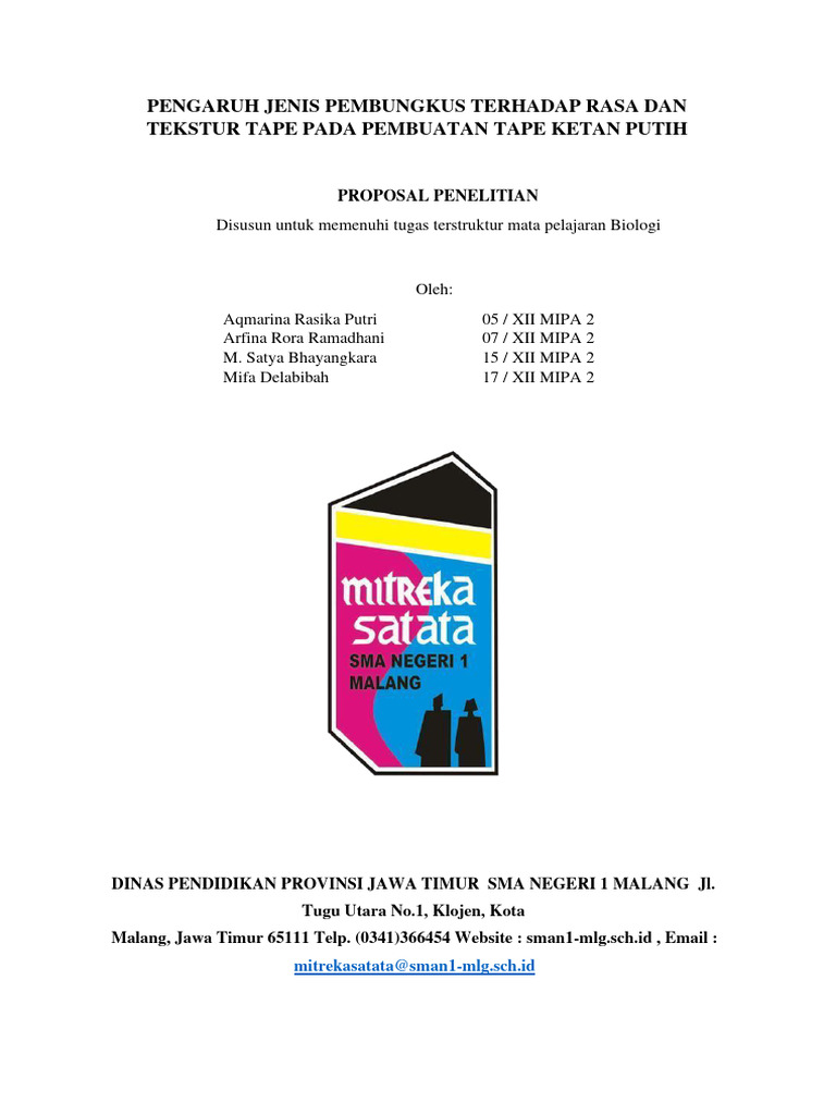 (Xii Mipa 2 Kelompok 7) Proposal Pengaruh Jenis Pembungkus Terhadap Rasa Dan Tekstur Tape Pada ...