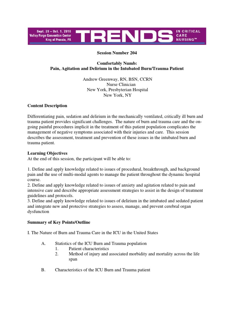 Pain, Agitation and Delirium in The Intubated Burn Trauma Patient | PDF ...
