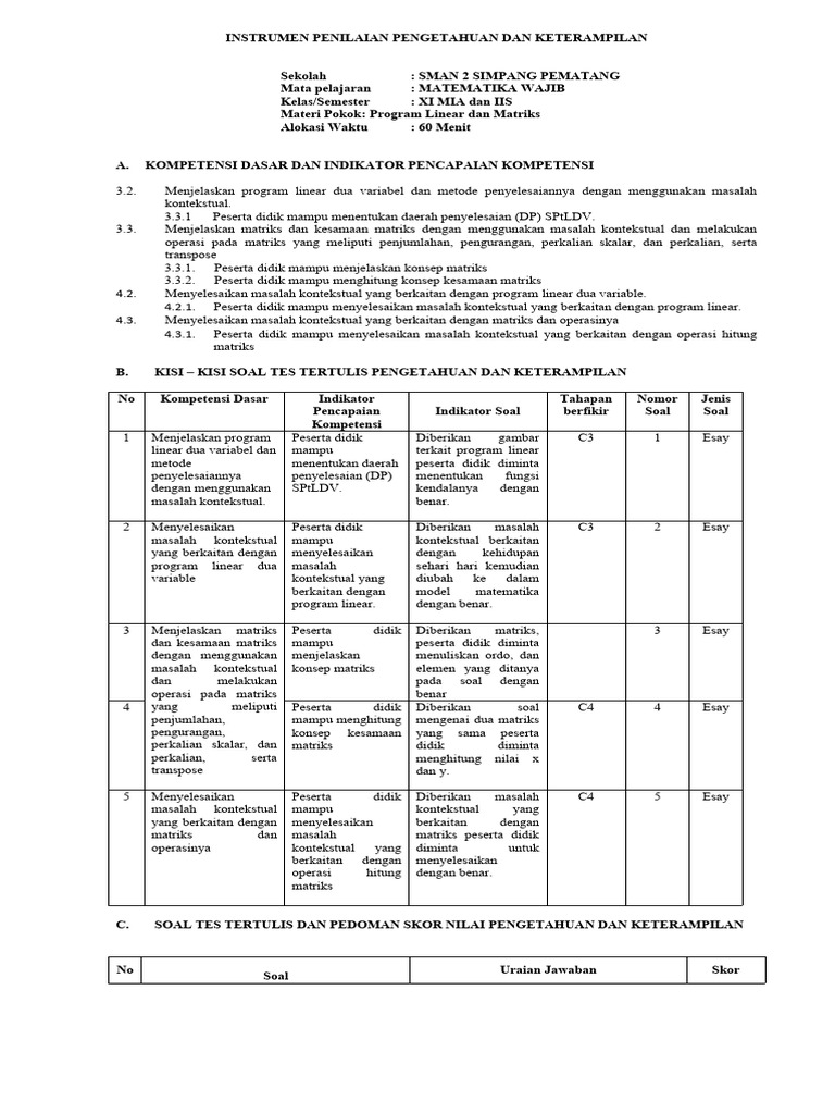 Kisi MTK Wajib Kelas XI | PDF
