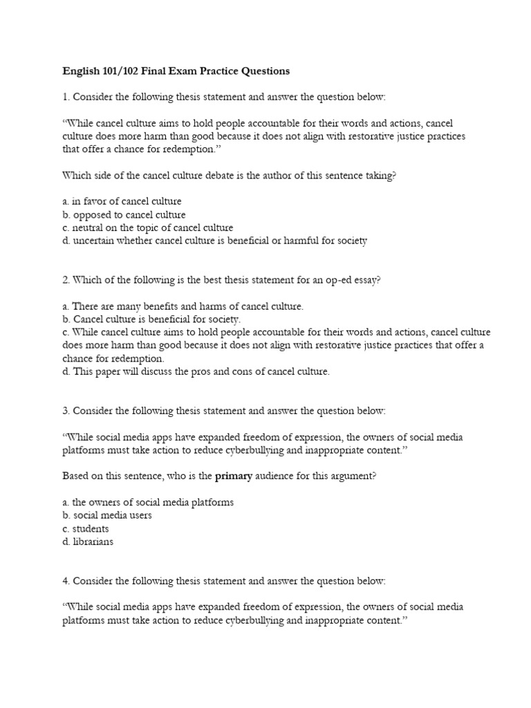 English 101 - 102 Final Exam Practice Questions | PDF | Social Media ...
