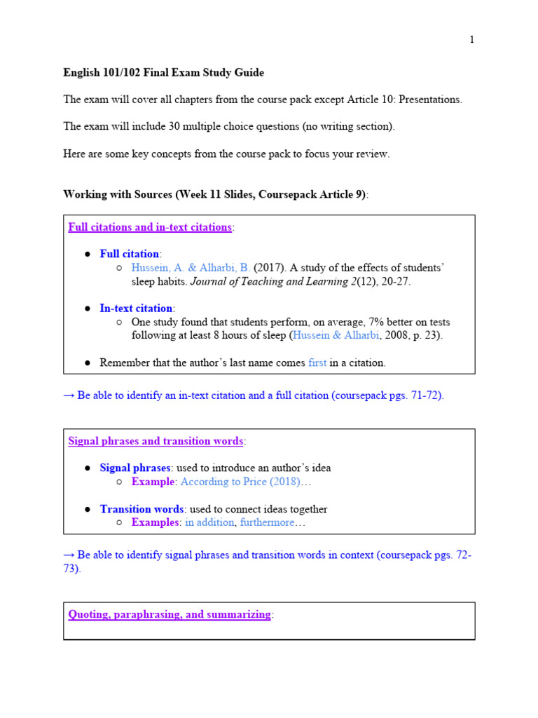 English 101 - 102 Final Exam Study Guide | Download Free PDF | Pronoun | Citation