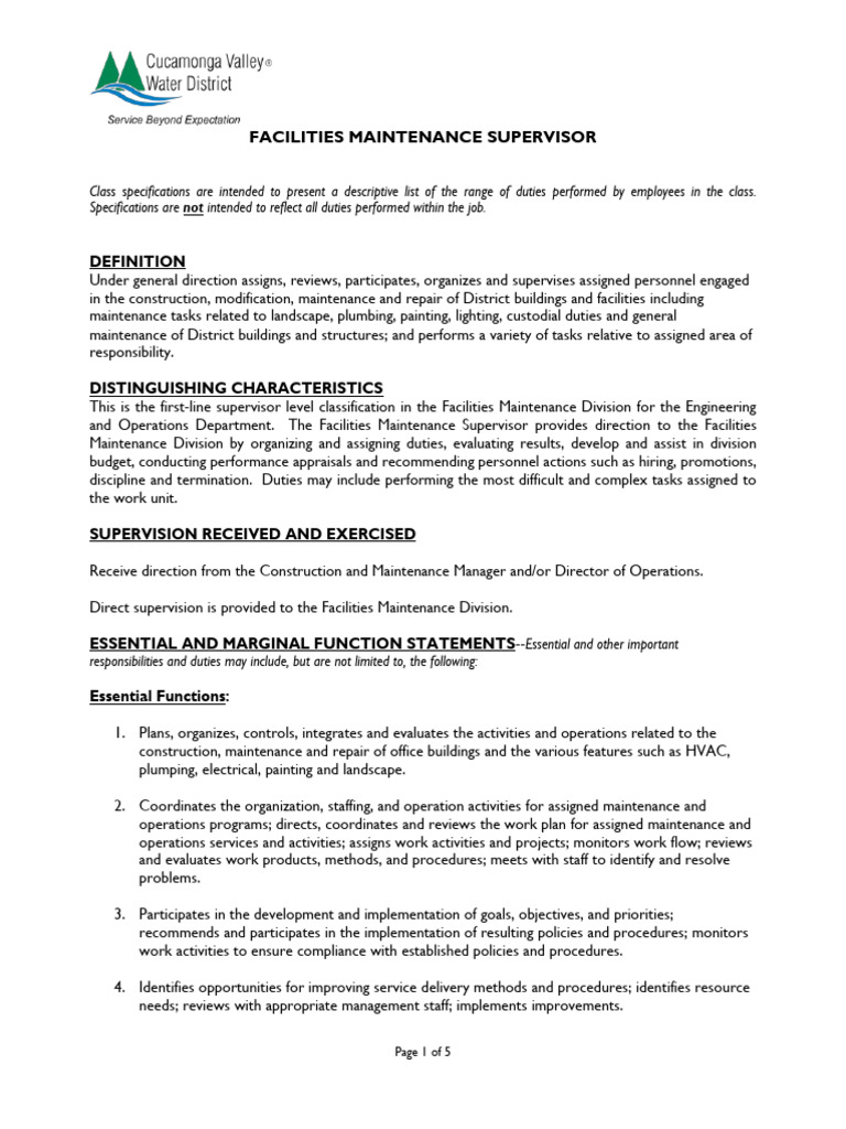 Facilities Maintenance Supervisor | PDF | Occupational Safety And ...