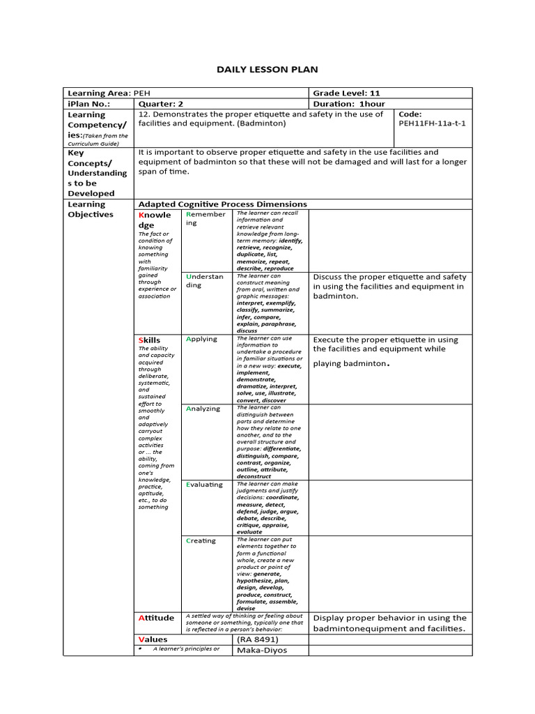 Pe2 DLP Lesson 12 | PDF | Learning | Cognition