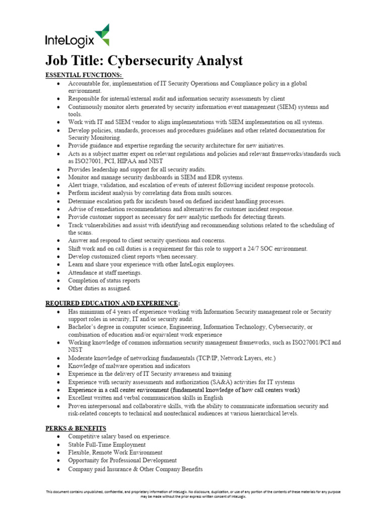 Cybersecurity Analyst - Job Description | PDF | Computer Security ...