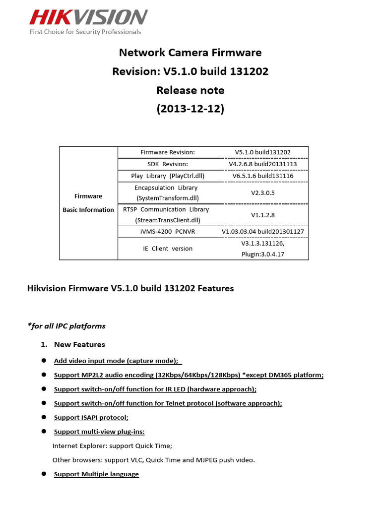 Hikvision IPC Firmware Update V5.1.0 | PDF | Image Stabilization | Codec
