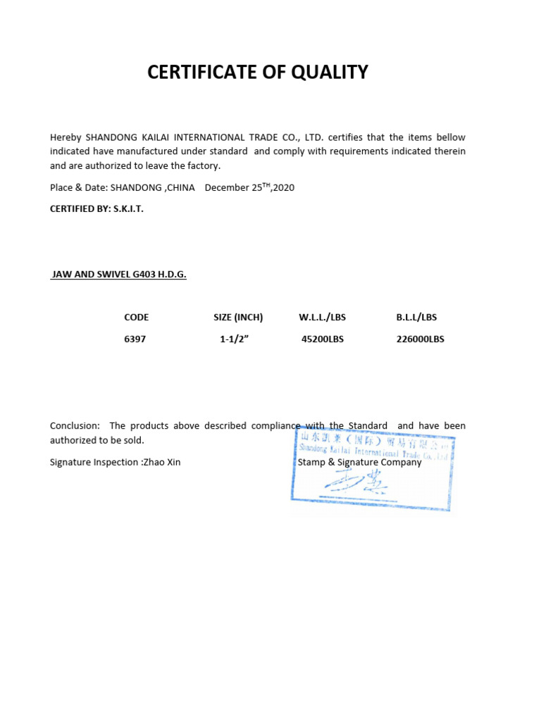 CERTIFICATE OF QUALITY-shackle and Turnbuckle-2337 | PDF | Screw ...