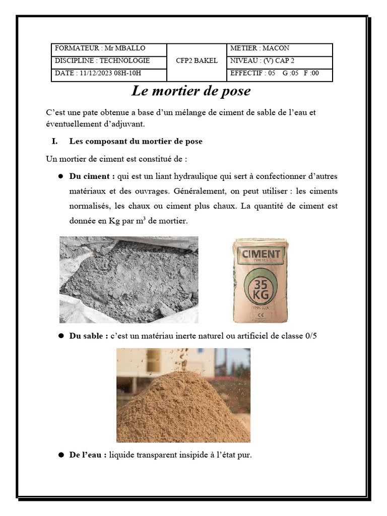 Composition et préparation du mortier | PDF | Mortier (matériau) | Ciment