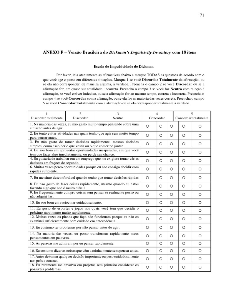 Dickman's Impulsivity Inventory 18 Itens | PDF | Pensamento