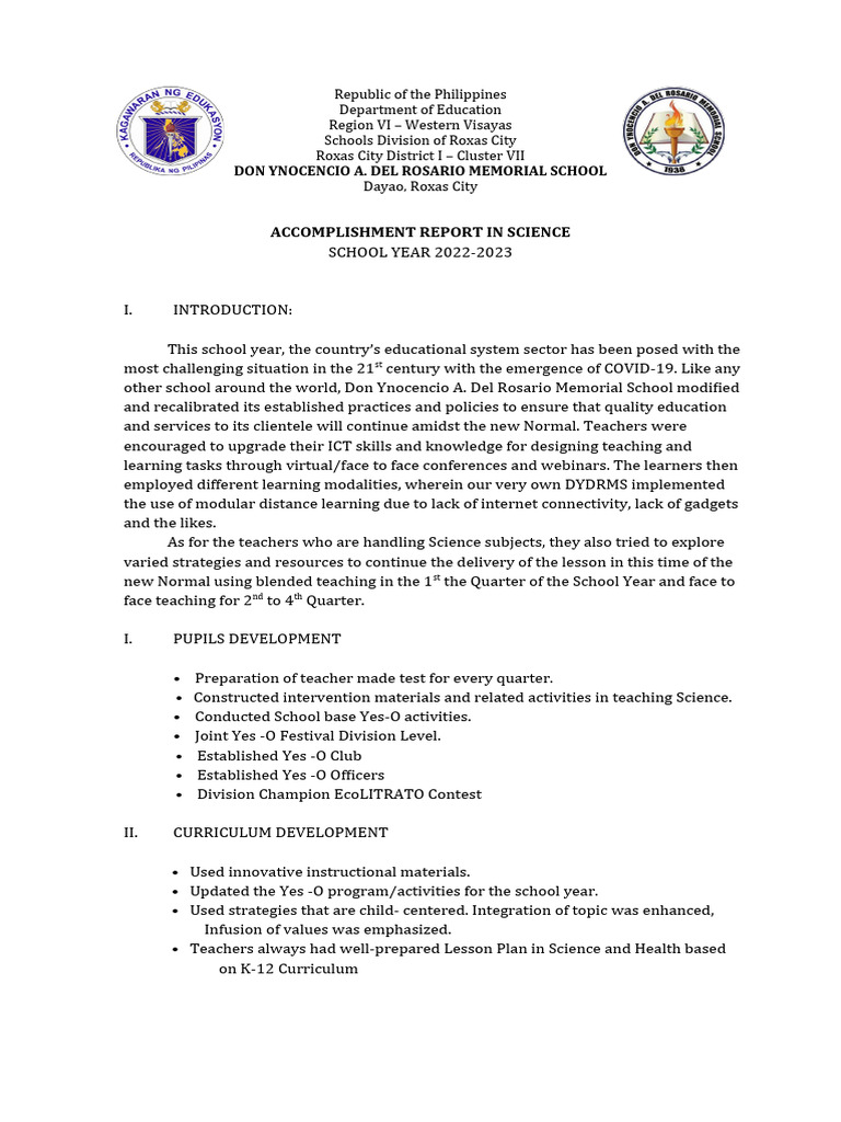 Accomplishment Report in Science 2022 2023 | PDF | Teachers ...