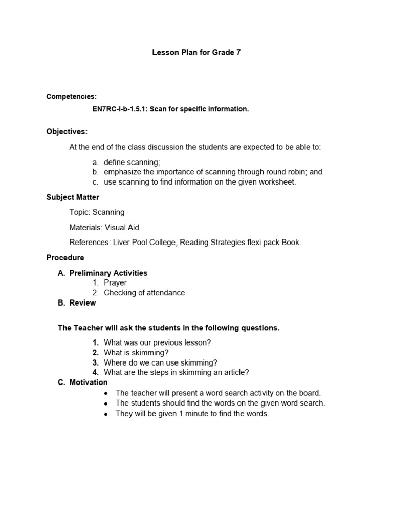 Lesson Plan For Grade 7 Scanning | PDF | Speed Reading | Lesson Plan