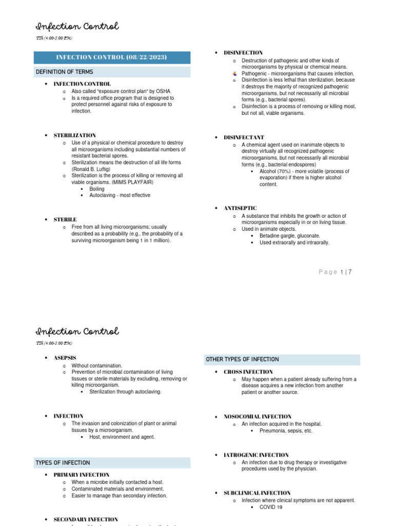 Notes - Infection Control 1 | PDF | Infection | Pathogen