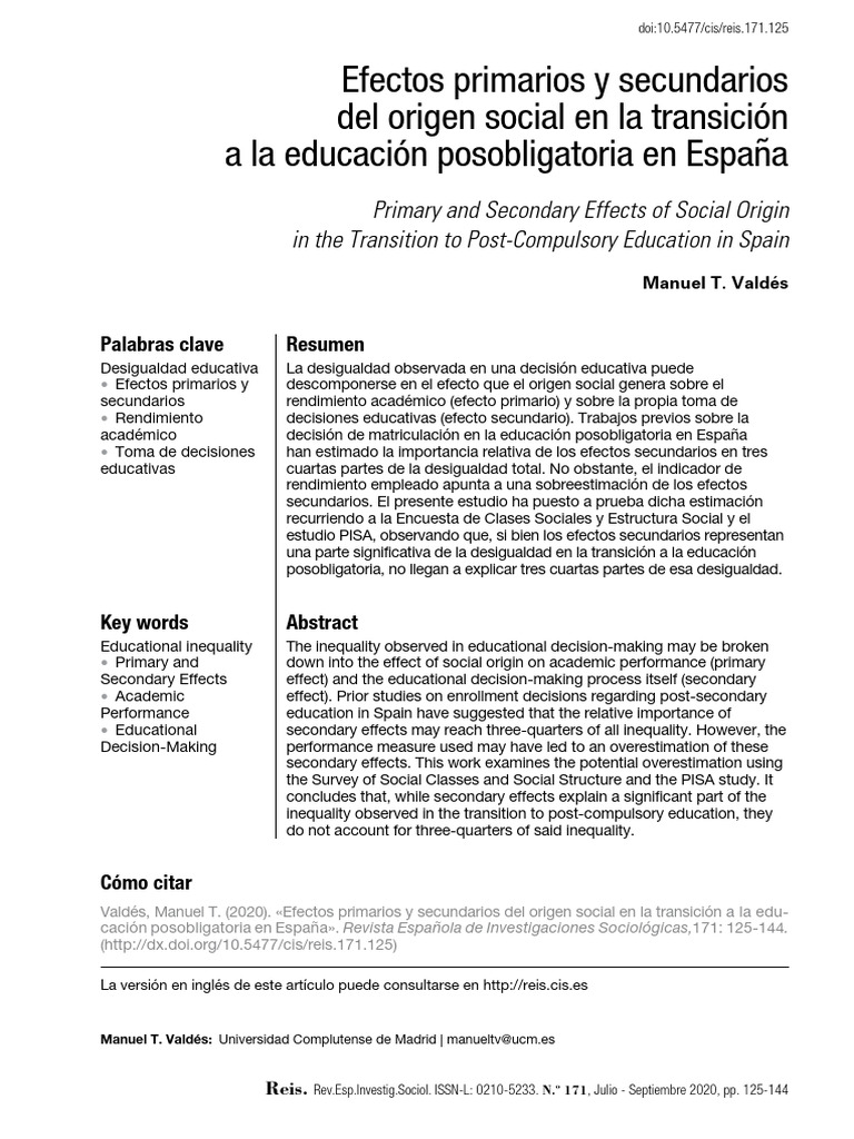 Efectos Primarios Y Secundarios Del Origen Social En La Transición A La