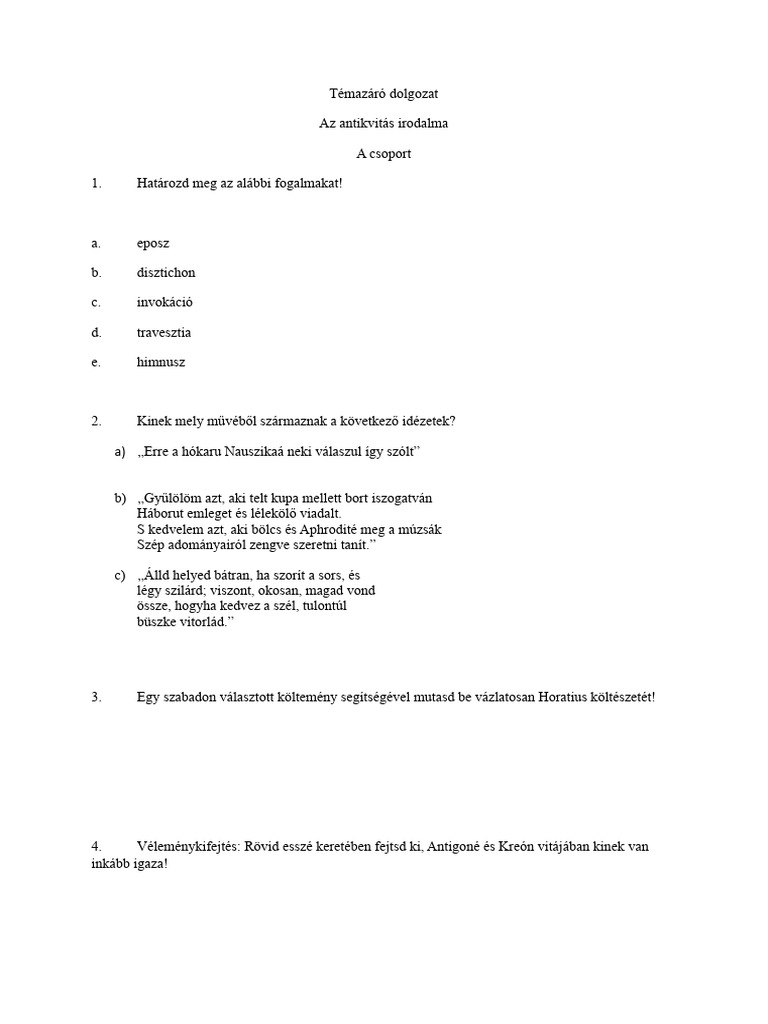Magyar Irodalom 9. - 01 Antikvitas Feladatlap A | PDF