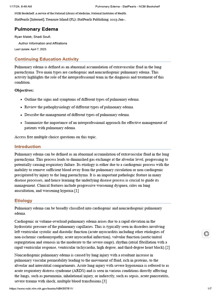 Pulmonary Edema - StatPearls - NCBI Bookshelf | PDF | Lung | Heart
