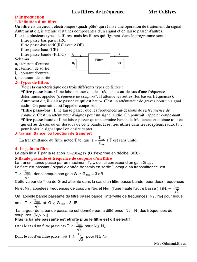Cours Tous Les Filtres | PDF | Filtre (électronique) | Filtre passe-bas