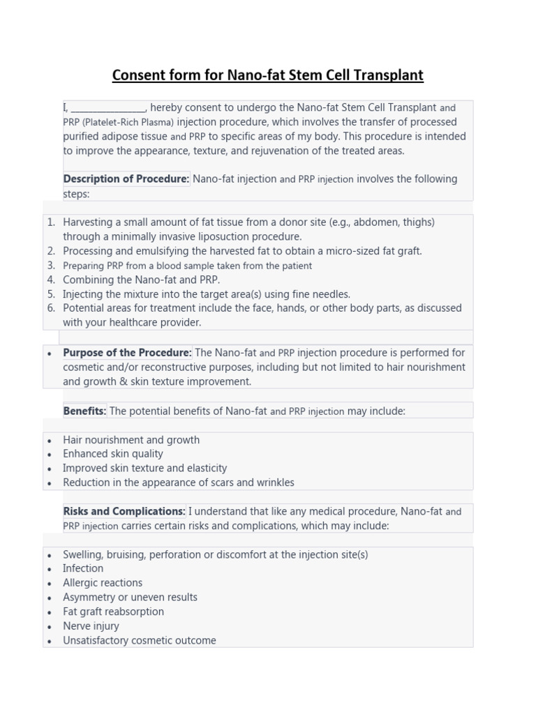 Consent Form For Nano-Fat PRP | PDF | Injection (Medicine) | Clinical ...