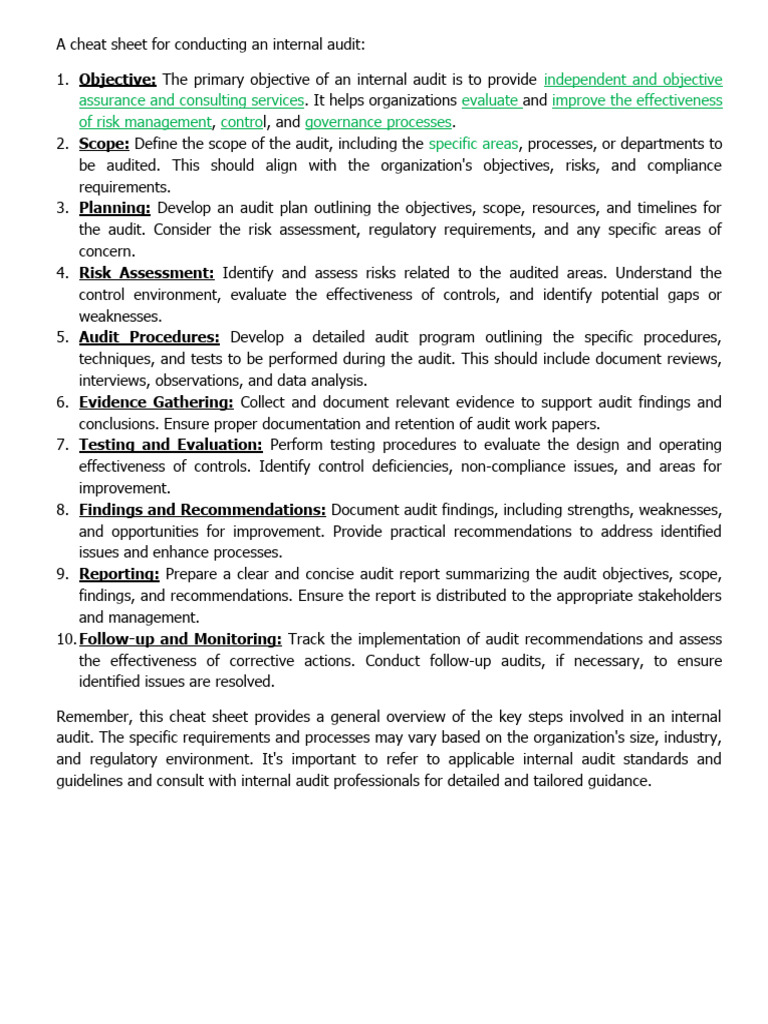 A Cheat Sheet For Conducting An Internal Audit Download Free Pdf