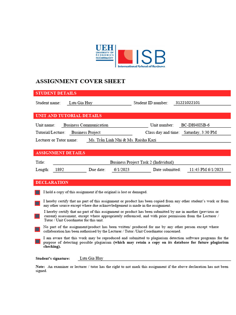 A3 - Proposal - 3 - Lưu Gia Huy - BC6 | PDF | Communication | Waiting Staff