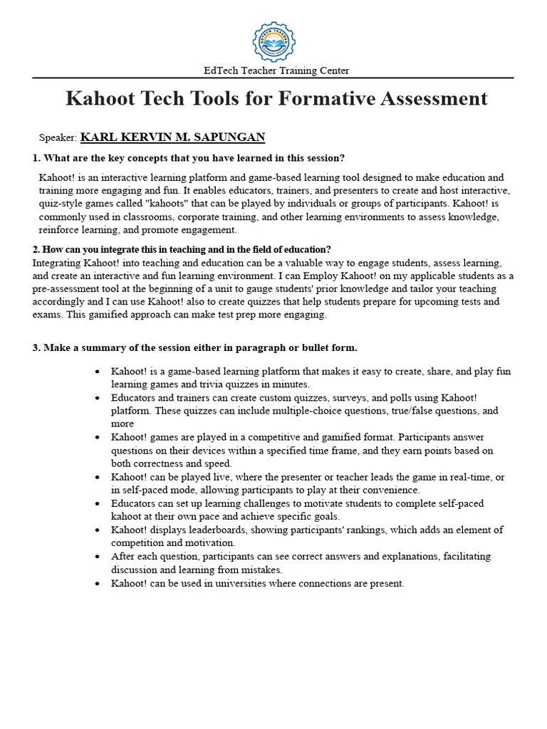Kahoot Tech Tools For Formative Assessment | PDF | Pedagogy | Education Theory
