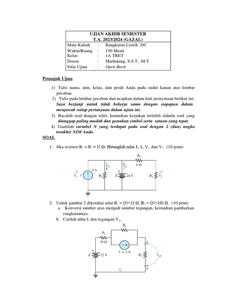 SOal UAS Dasar Rangkaian Listrik 1 TRET 2023-2024 | PDF | Metode & Bahan Ajar | Sains & Matematika