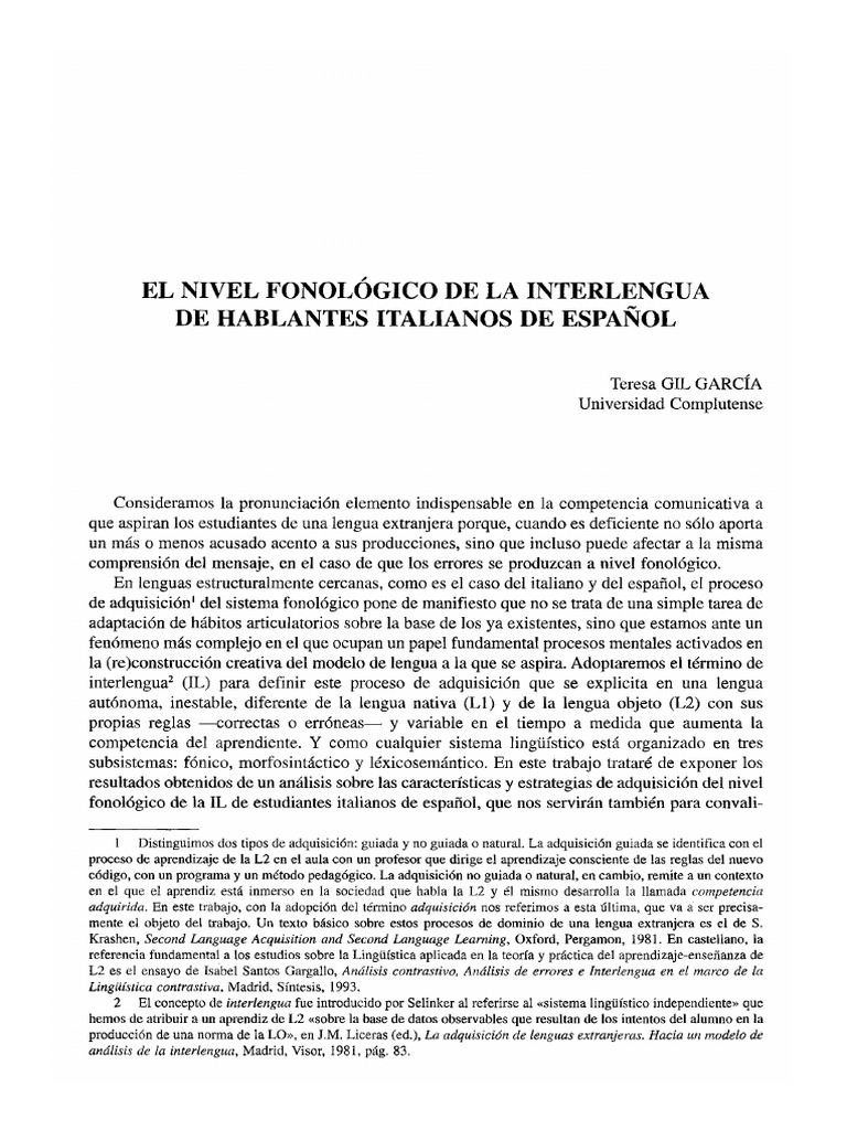 El Nivel Fonologico de La Interlengua de Hablantes Italianos de Espanol ...