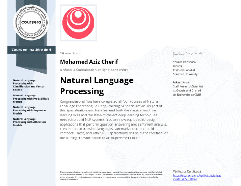 Natural Language Processing Coursera | PDF | Artificial Intelligence | Intelligence (AI) & Semantics