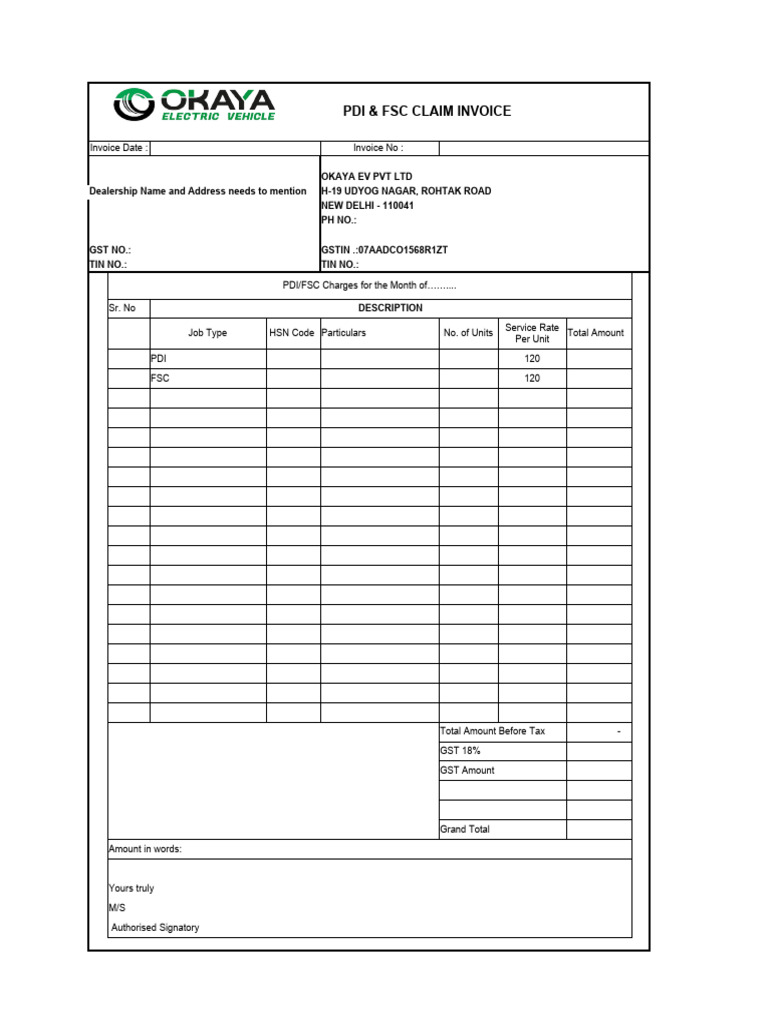 PDI & FSC Claim Invoice | PDF