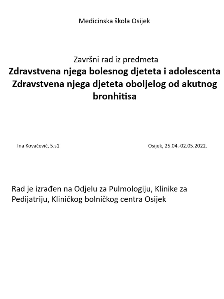Zdravstvena Njega Djeteta Oboljelog Od Akutnog Bronhitisa | PDF