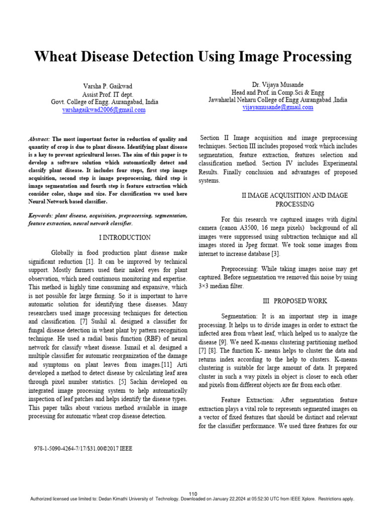Wheat Disease Detection Using Image Processing Pdf Image