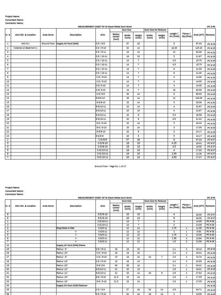 Duct Measurement Sheet for HVAC Systems | PDF | Building | Building ...
