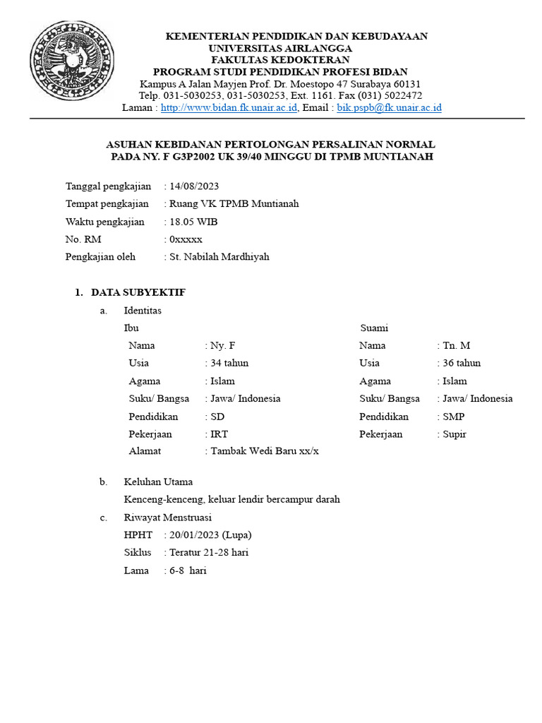 Asuhan Pertolongan Persalinan Ny. Fatliya Di TPMB Muntianah | PDF ...
