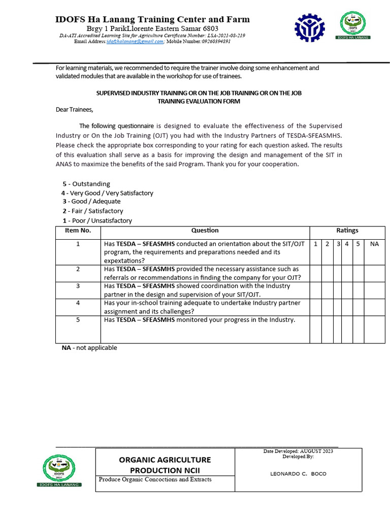 2.1-6 Supervised Industry Training or On The Job Training Evaluation Form | PDF | Behavior ...