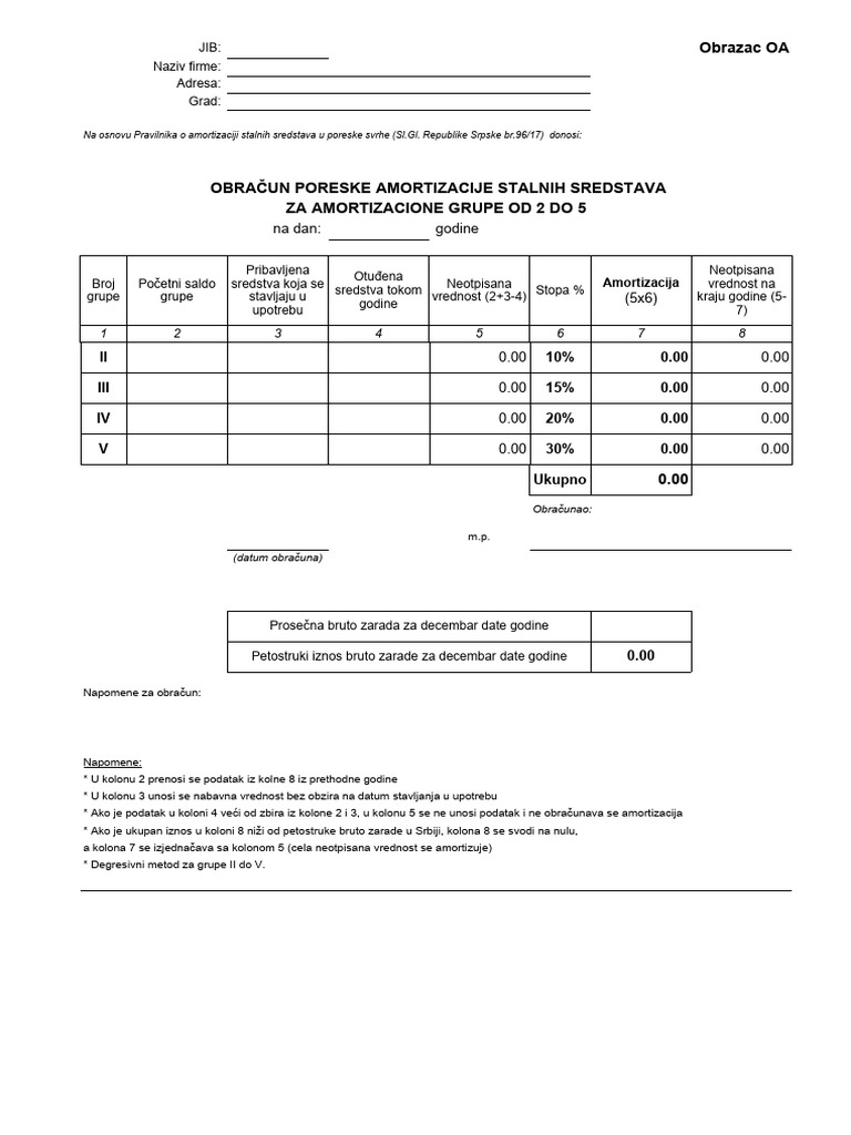Obrazac OA-Poreska Amortizacija | PDF