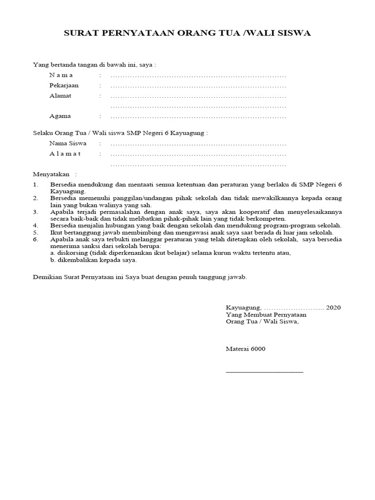 Surat Pernyataan Ortu - 2020 | PDF