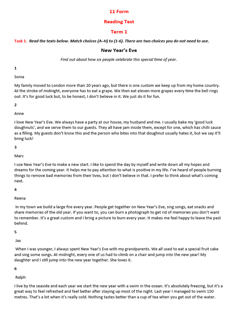 Reading Test: New Year’s & Music | PDF | Language Arts & Discipline