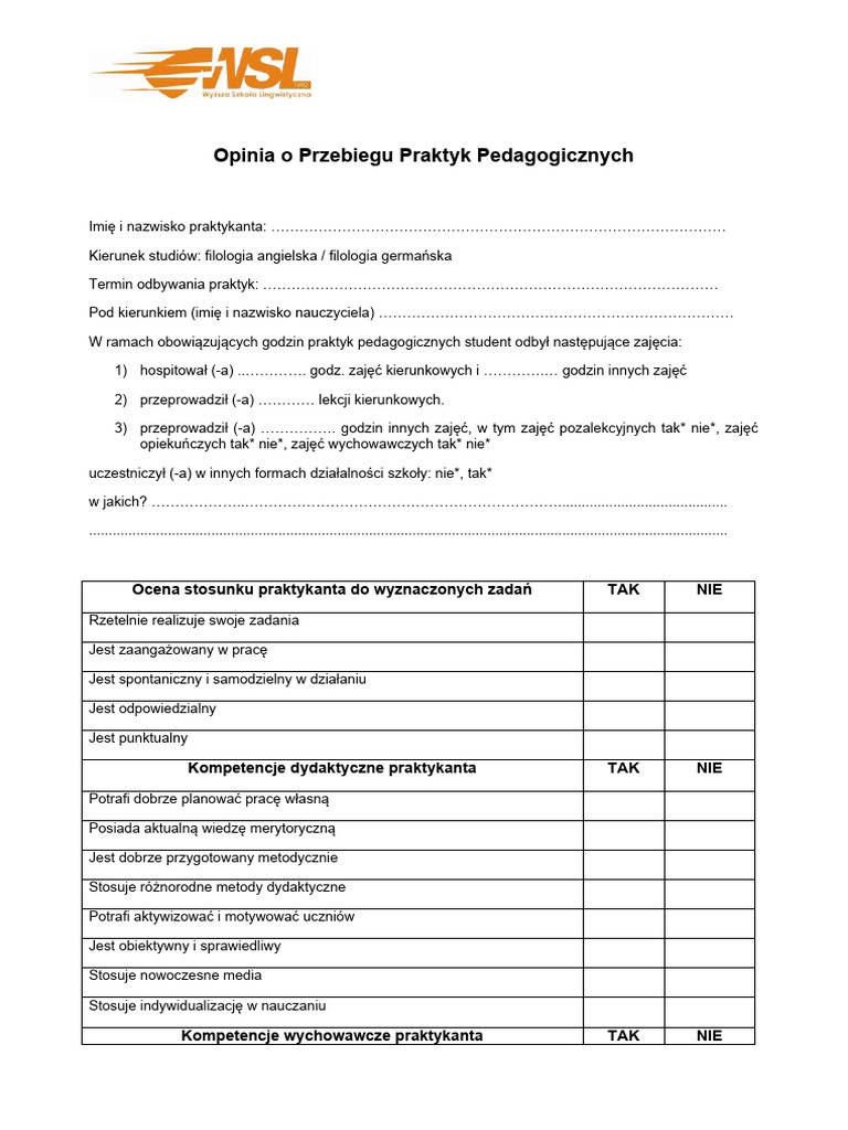 Praktyki - Ped - Filologia - Opinia - o - Przebiegu - Praktyk ...