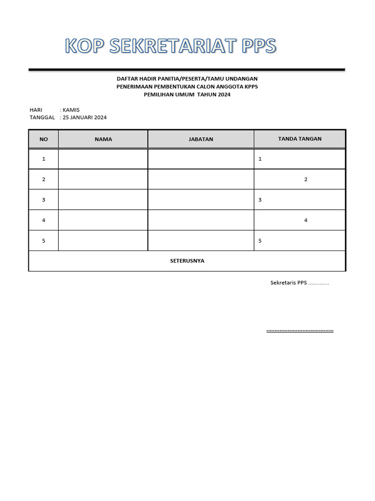 Daftar Hadir Pelantikan KPPS | PDF