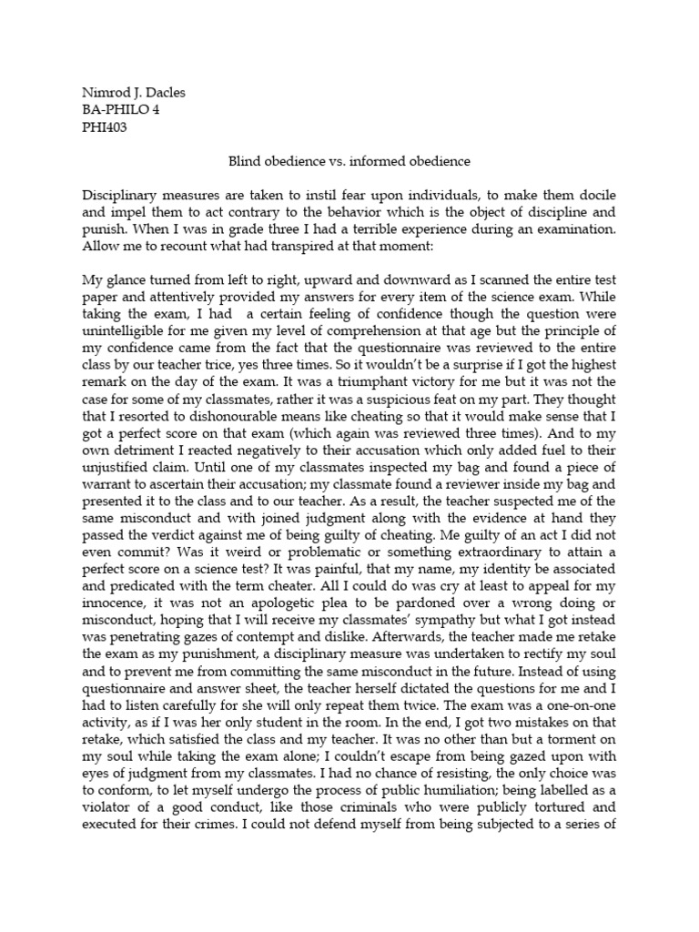 Blind vs. Informed Obedience in Discipline | PDF | Disciplines | Prison