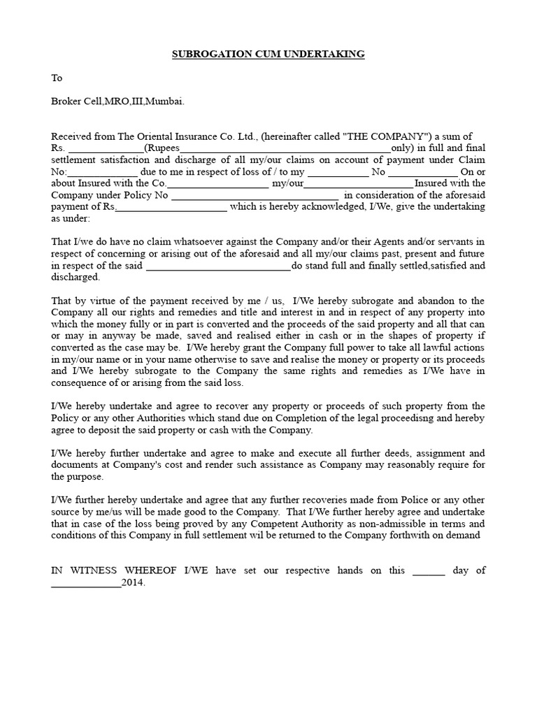 Subrogation Undertaking Agreement | PDF | Subrogation | Insurance