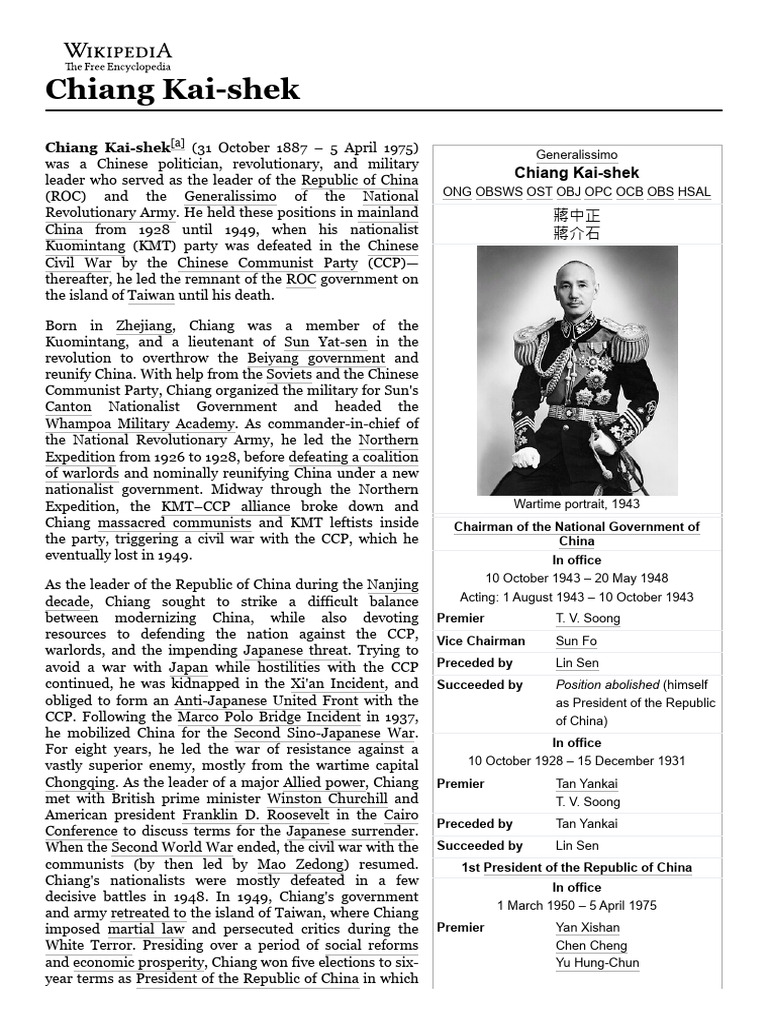 Chiang Kai-Shek - Wikipedia | PDF | Chiang Kai Shek | Kuomintang