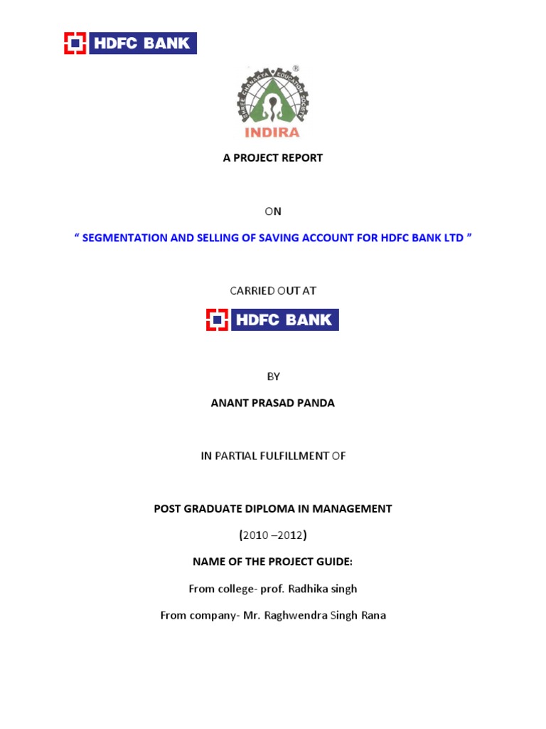 A Project Report: " Segmentation and Selling of Saving Account For HDFC ...